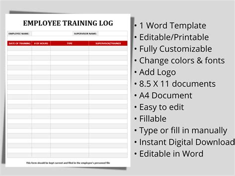 Employee Training Log Hr Template Digital Download Etsy