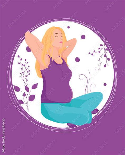 A4 Book Page Format Illustrated Blonde Pregnant Woman In Sitting Pose On The Purple Background