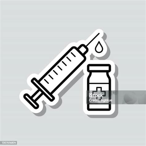 예방 접종 주사기 및 백신 바이알 회색 배경에 아이콘 스티커 3차원 형태에 대한 스톡 벡터 아트 및 기타 이미지 3차원 형태