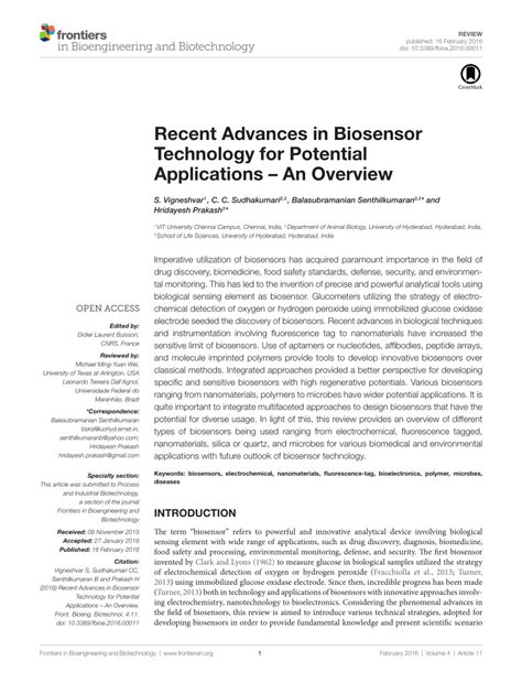 Pdf Recent Advances In Biosensor Technology For Potential Applications An Overview