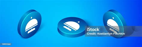 파란색 배경에 격리 된 음식 아이콘의 트레이로 덮여 등색 트레이 및 뚜껑 표지판 뚜껑이 있는 레스토랑 클로쉬 파란색 원 버튼입니다 벡터 3차원 형태에 대한 스톡 벡터 아트