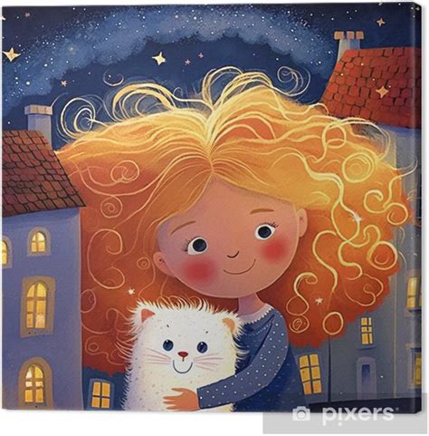 Obraz Na Plátně Holčička Objímající Bílé štěně V Nočním Městě Kreslená