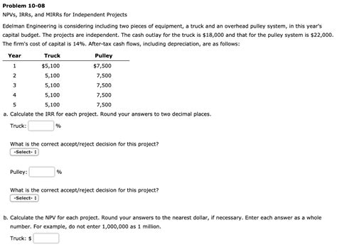 Solved Problem 10 08 Npvs Irrs And Mirrs For Independent