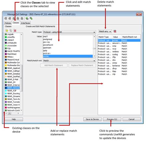 Manage QoS SettingsClasses Tab Documentation