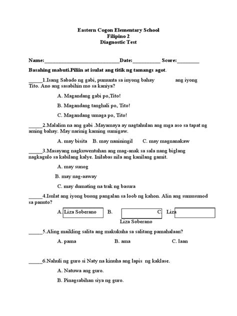 Diagnostic Test Filipino Pdf
