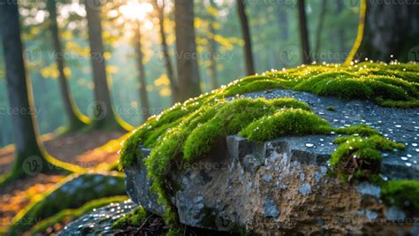 Moss Covering Rock In Forest With Sunlight Shining Through Trees