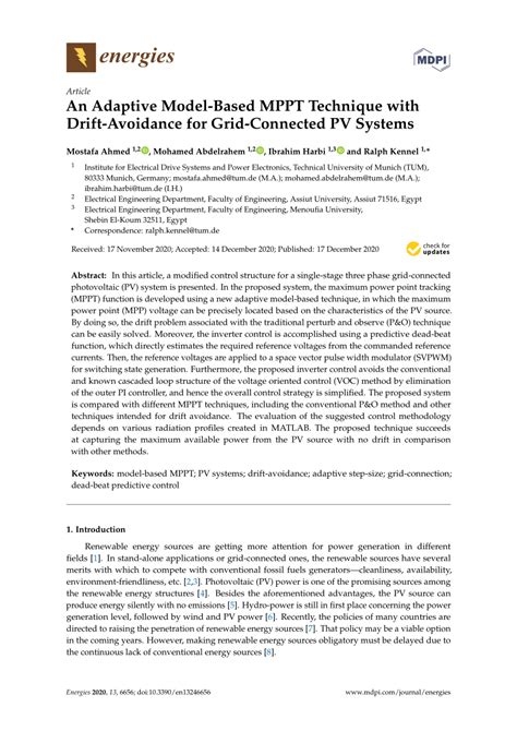 Pdf An Adaptive Model Based Mppt Technique With Drift Avoidance For Grid Connected Pv Systems