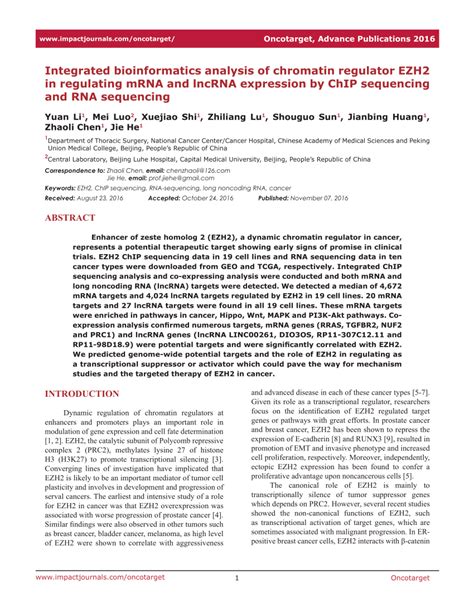Pdf Integrated Bioinformatics Analysis Of Chromatin Regulator Ezh2 In Regulating Mrna And