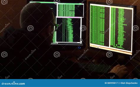 Hacker In Glasses Breaking Code Criminal Hacker Penetrating Network