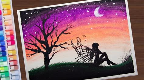 ระบายสีภาพเงา นางฟ้า สีชอล์ค How To Draw Scenery Step By Step Youtube