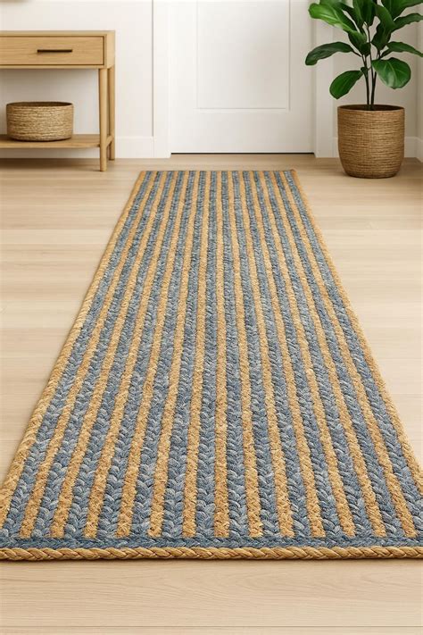 Handmade Denim And Jute Runner Rug Blue Beige Striped Hallway Rug Etsy