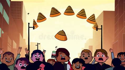 Animated Crowd Of Excited Cartoon Characters Watching Flying Hats In The Sky 4k Video Footage