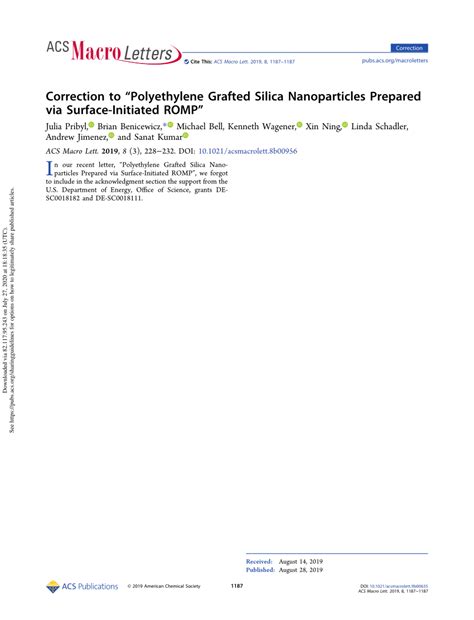 Pdf Correction To Polyethylene Grafted Silica Nanoparticles Prepared Via Surface Initiated Romp”