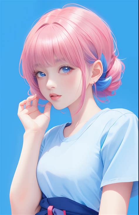 A Close Up Of A Person With Pink Hair And A Blue Shirt Seaart Ai