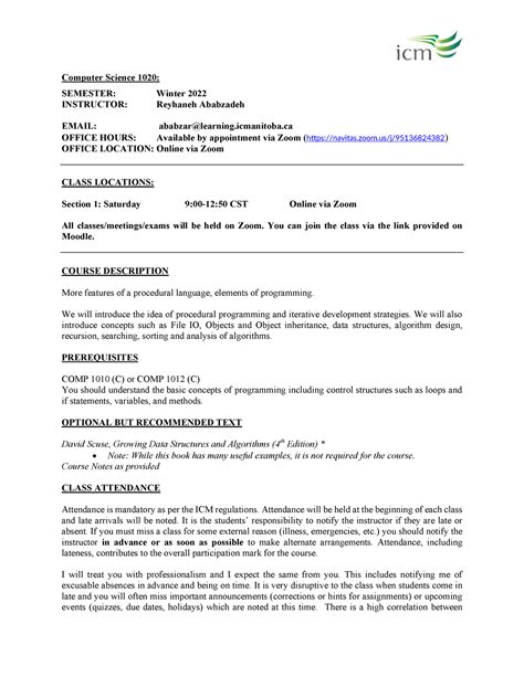 Comp1020 Ababzar Sam Computer Science 1020 Comp 1020 Course Outline Winter 2022