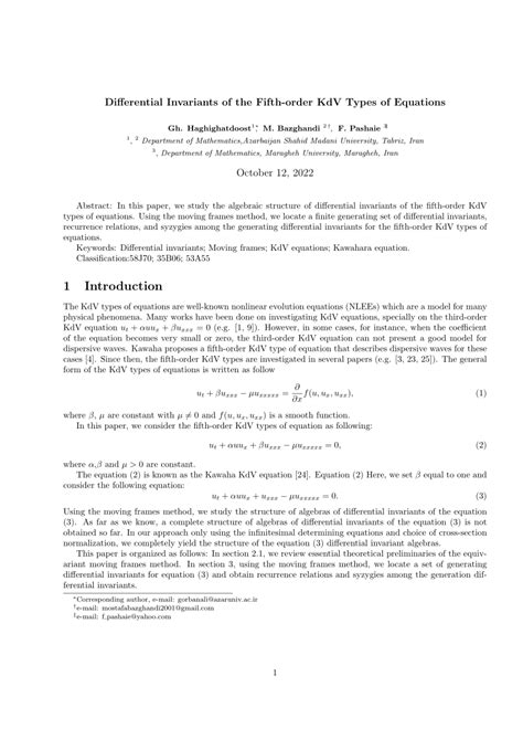 Pdf Differential Invariants Of The Fifth Order Kdv Types Of Equations
