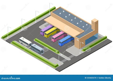 Isometric Vector Showing A Large Bus Terminal With Multiple Colored Buses Parking Areas And A