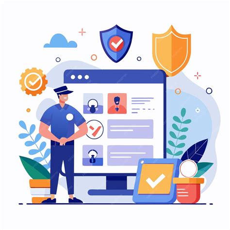 Security Guard Standing Next To Computer With Shields And Check Marks For Secure Data Premium