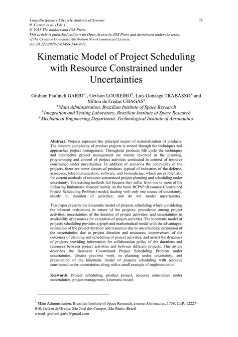 Pdf Kinematic Model Of Project Scheduling With Resource Constrained Under Uncertainties