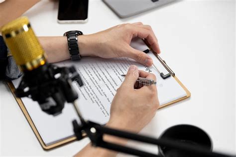 Selective Focus Hands Writing Script Note Of Radio Influencer Host