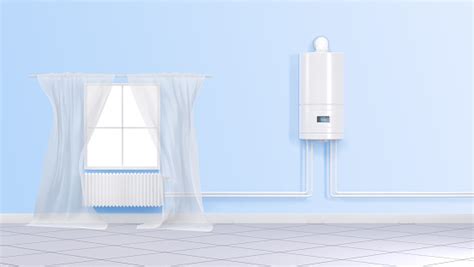 3d 보일러 온수기는 파이프가 있는 방의 라디에이터와 연결된 파란색 벽 커튼 실크 패브릭 및 바닥이 있는 유리창입니다 가정용품 중앙 난방 시스템 장비 가정 난방에 대한 스톡