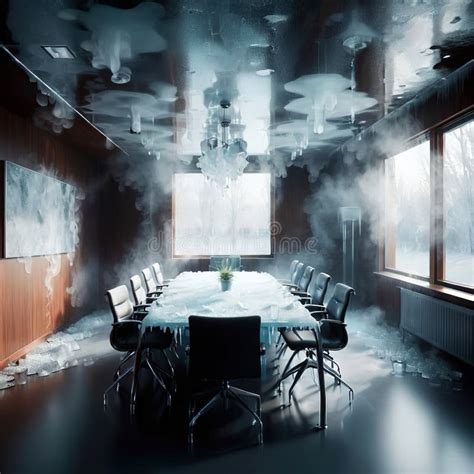 Meeting Room Business Stuck Interior Frozen And Covered With Ice