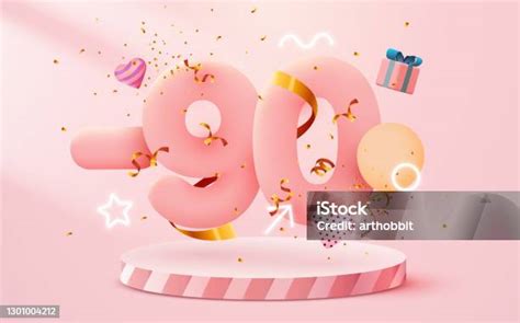 90 할인 크리에이티브 컴포지션 장식 용 물건 하트 모양의 풍선 황금 색종이 연단 및 선물 상자가있는 3d 판매 기호 판매 배너 및 포스터 퍼센트 기호에 대한 스톡 벡터