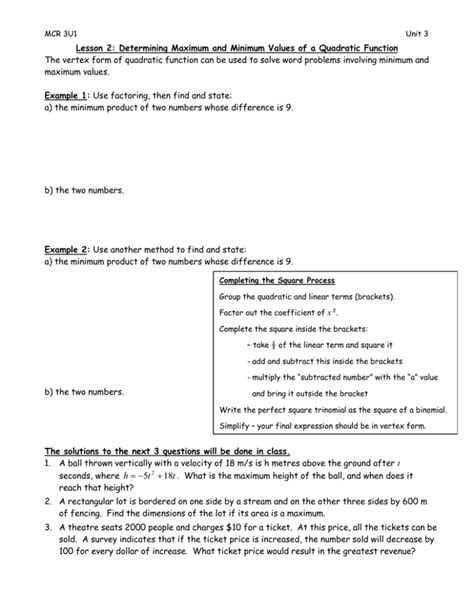 Lesson 2 Determining Maximum And Minimum Values Of A Quadratic The