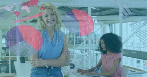 Image Of Statistical Data Processing Against Portrait Of Caucasian Woman Smiling At Office Stock