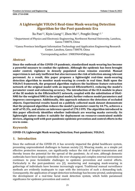 pdf a lightweight yolov5 real time mask wearing detection algorithm