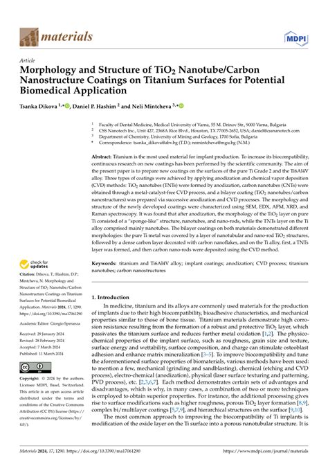 PDF Morphology And Structure Of TiO2 Nanotube Carbon Nanostructure Coatings On Titanium