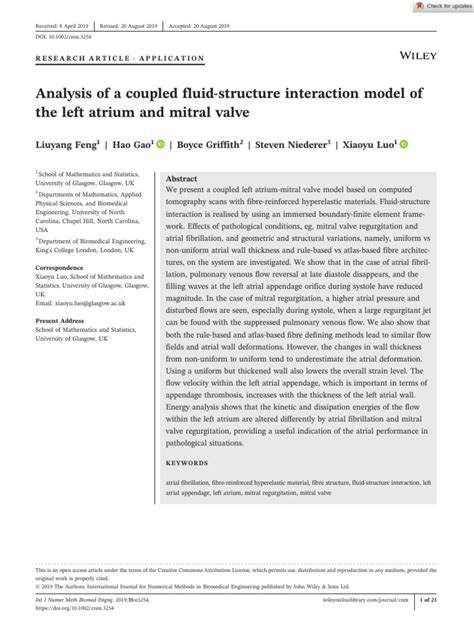 Numer Methods Biomed Eng 2019 Feng Analysis Of A Coupled Fluid‐structure Interaction Model