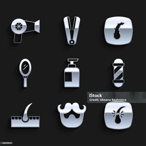 샴푸 병 콧수염과 턱수염 부러진 모낭 클래식 이발소 기둥 인간 손 거울 및 헤어 드라이어 아이콘을 설정합니다 벡터 거울에 대한 스톡 벡터 아트 및 기타 이미지 Istock
