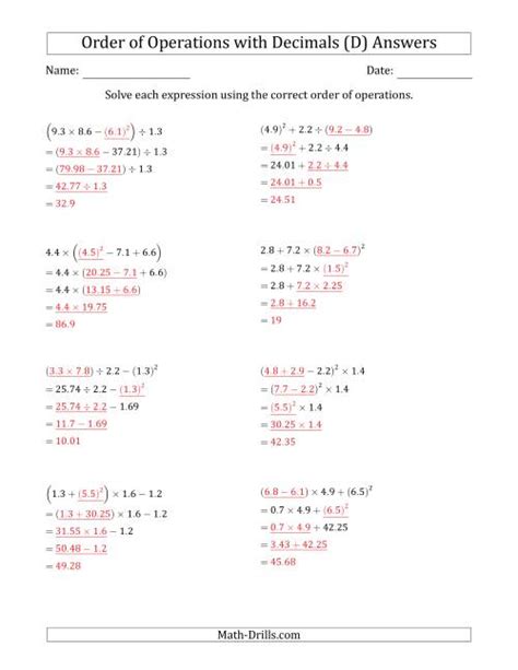 Order Of Operations With Positive Decimals Four Steps D