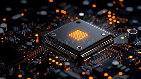 Closeup Of A Microprocessor On A Circuit Board With Glowing Connections Stock Illustration