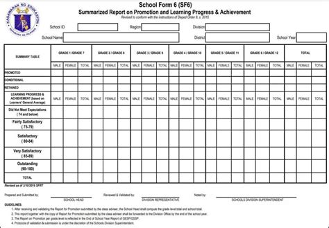 Deped School Form 6 Sf6 Summarized Report On Promotion And Learning Progress And Achievement
