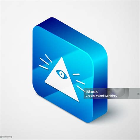 등각 투영 석공 기호 회색 배경에 고립 된 하나님의 모든 보고 눈 아이콘 삼각형에 있는 섭리의 눈 파란색 사각형 버튼입니다 벡터 일러스트레이션 3차원 형태에 대한 스톡 벡터