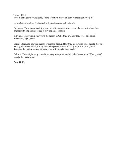 Topic 1 DQ 1 Topic 1 DQ 1 How Might A Psychologist Study Mate Selection Based On Each Of