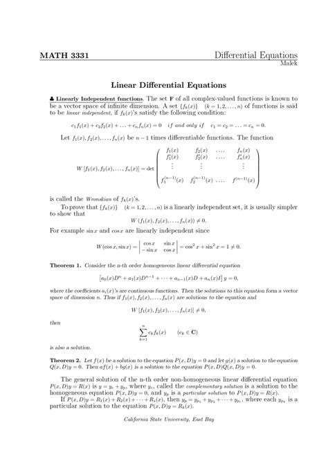 linear differential equations lecture notes math 3331 docsity