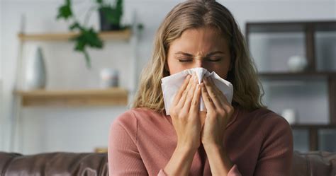 재채기 박테리아 및 거실의 질병 꽃가루 알레르기 및 바이러스 감염이 있는 집 조직 및 여성 감기코를 푸는 사람이나 독감에 걸리는 사람 여자 아이 건강 위기나 알레르기가 있는