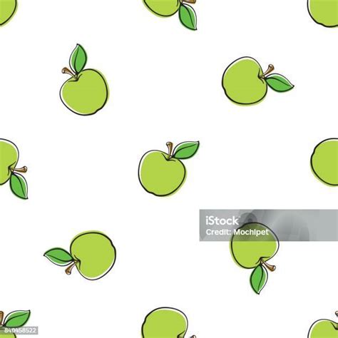 벡터 일러스트입니다 줄기와 잎에 흰색 바탕에 녹색으로 떨어지는 완벽 한 패턴 사과 건강 한 채식 음식입니다 윤곽선과 패턴입니다 0명에 대한 스톡 벡터 아트 및 기타 이미지