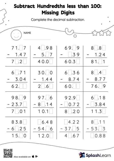 Subtract Hundredths Less Than 100 Missing Digits Math Worksheets Splashlearn