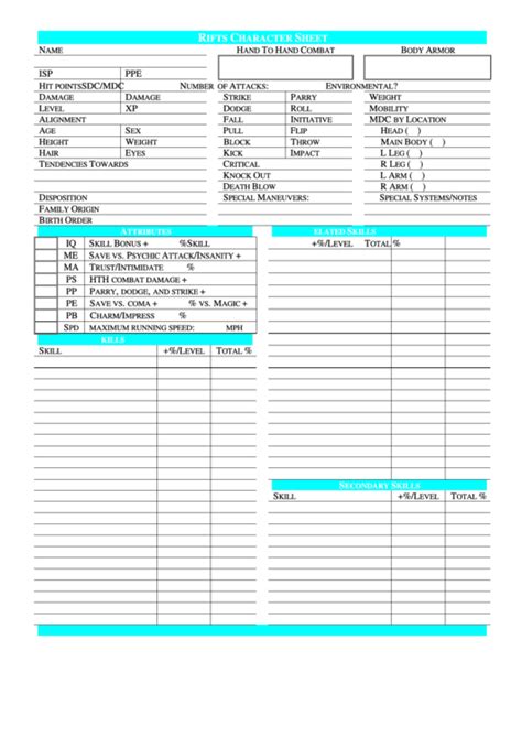 Rifts Form Fillable Character Sheet Printable Forms Free Online