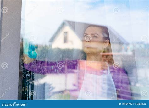 Young Beautiful Woman In White Apron Cleaing Windows Stock Image Image Of Purity Service