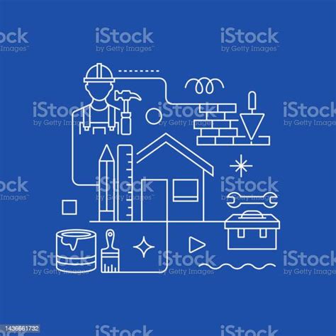 홈 리노베이션 관련 벡터 배너 디자인 컨셉 아이콘이 있는 모던 라인 스타일 집 개조에 대한 스톡 벡터 아트 및 기타 이미지