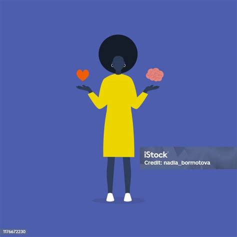 정서적 지능 감정과 생각의 균형 치료 조화 심장과 뇌 사이에서 선택하는 젊은 흑인 여성 캐릭터 개념 일러스트레이션 클립 아트