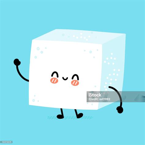 귀여운 재미 행복 한 설탕 조각 큐브 캐릭터 벡터 플랫 라인 만화 가와이 캐릭터 일러스트 아이콘 슈가 큐브 캐릭터 로고 컨셉 가공의 인물에 대한 스톡 벡터 아트 및 기타
