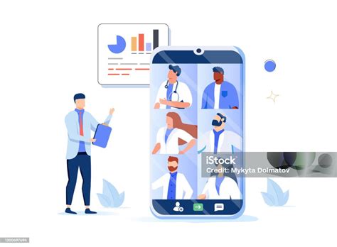 의학 협의회 및 온라인 의사 원격 회의 개념 벡터 플랫 인물 일러스트레이션 남자와 대화하는 남자 가상현실에 대한 스톡 벡터 아트 및 기타 이미지 Istock