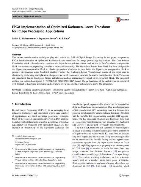 pdf fpga implementation of optimized karhunen loeve transform for