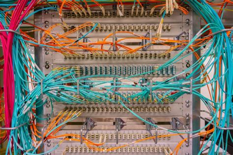 Network Switch Connections For Network Cable RJ45 And Cable Fiber Optic Cable Stock Image